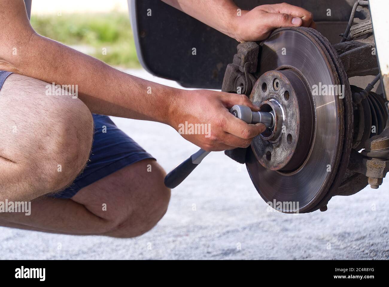 Old and dirty rear dump break of the vehicle for repair. Brakes on a ...