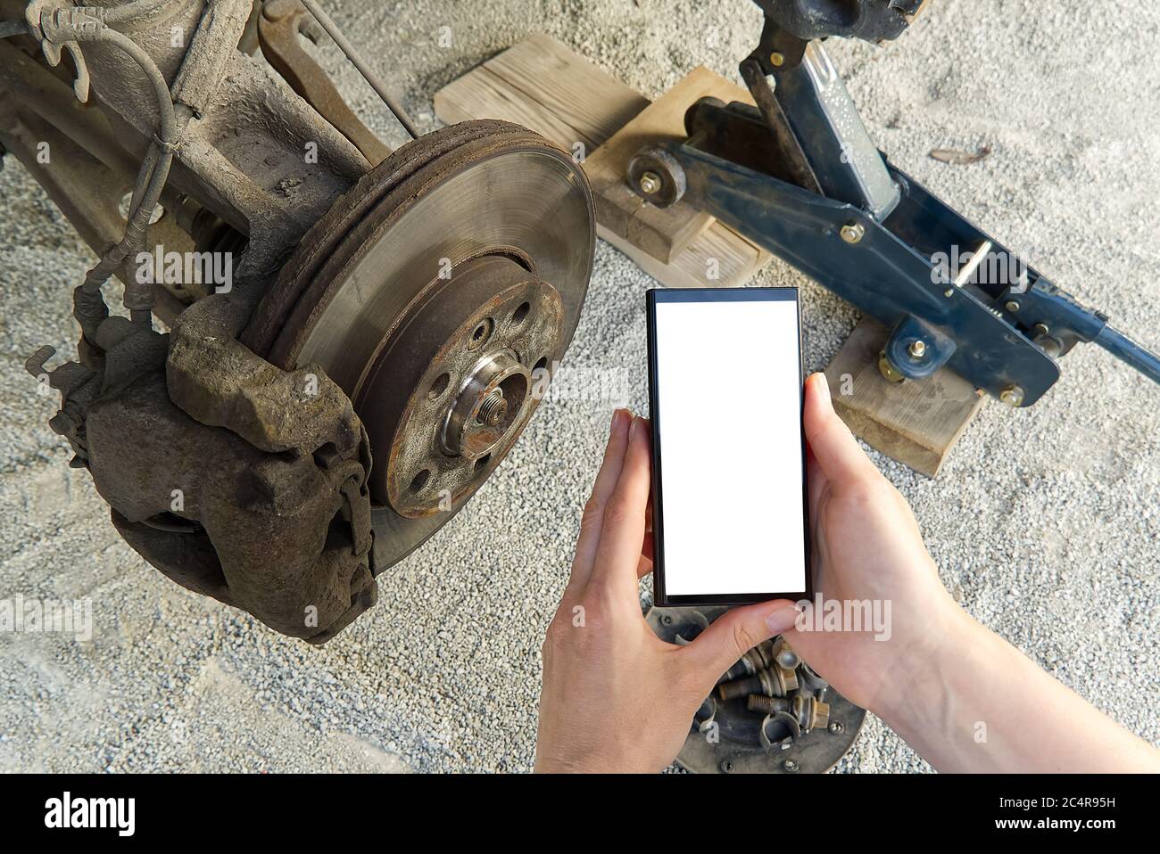 Old and dirty rear dump break of the vehicle for repair. Brakes on a ...