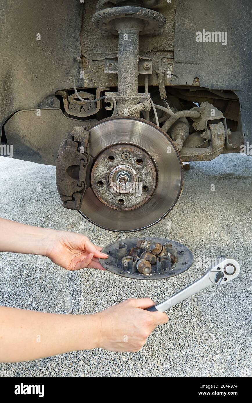 Old and dirty rear dump break of the vehicle for repair. Brakes on a ...