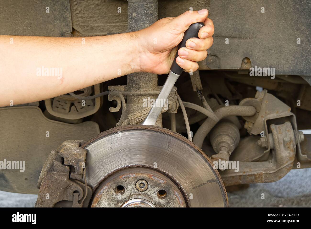 Old and dirty rear dump break of the vehicle for repair. Brakes on a ...