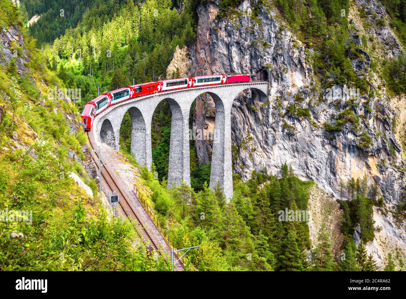 Landwasser Viaduct in summer, Filisur, Switzerland. It is landmark of ...