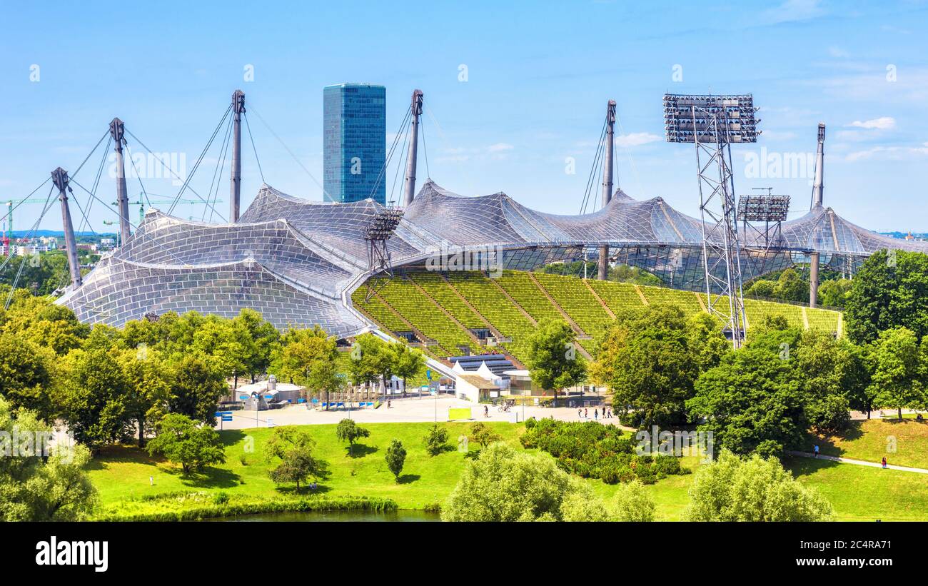 Olympic park in summer, Munich, Germany. Scenic panoramic view of nice ...