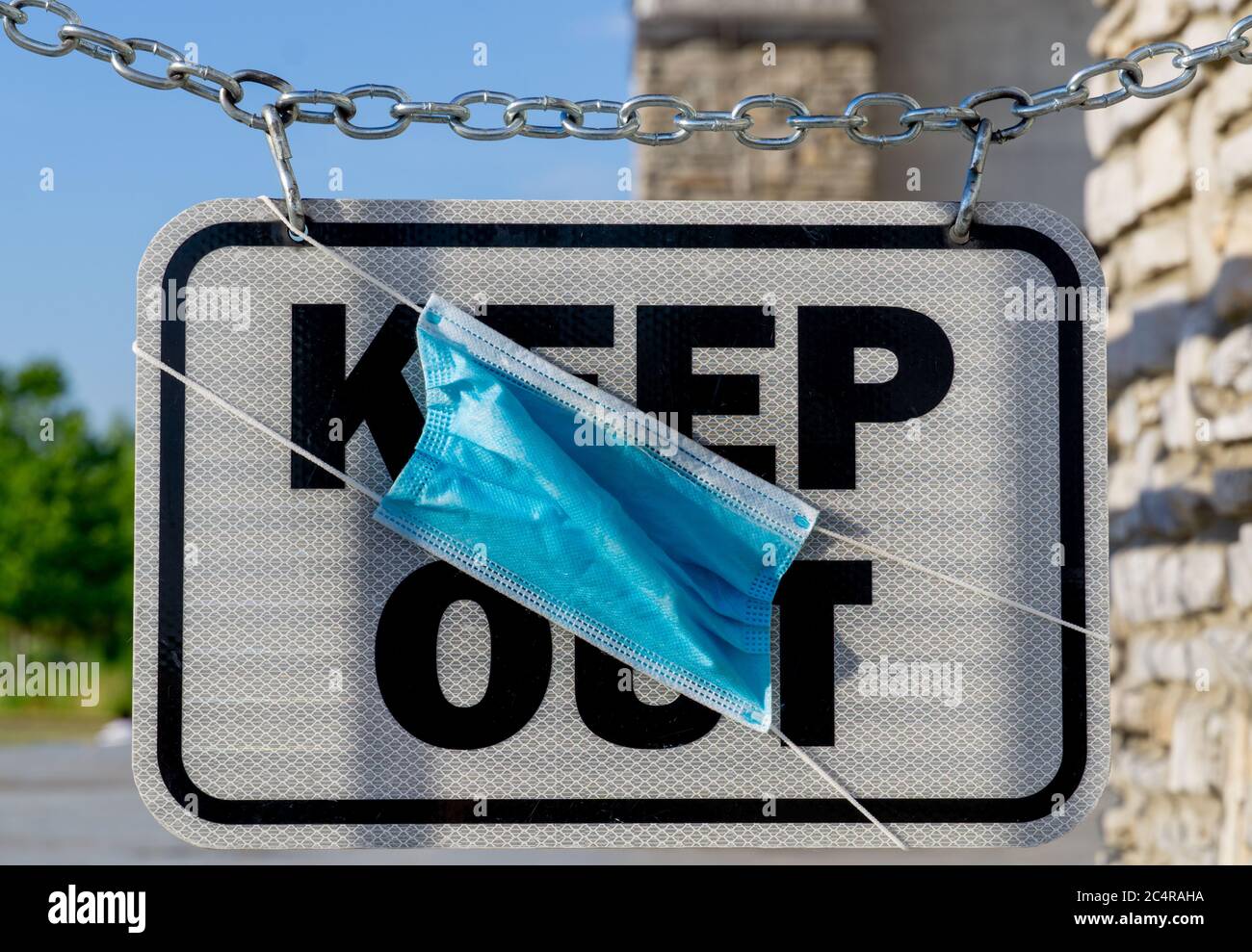 Keep Out Sign covered in nurse coronavirus mask on stage at overpeck ...