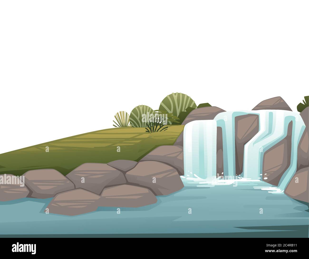 Landscape of countryside waterfall on rocks cartoon design flat vector ...