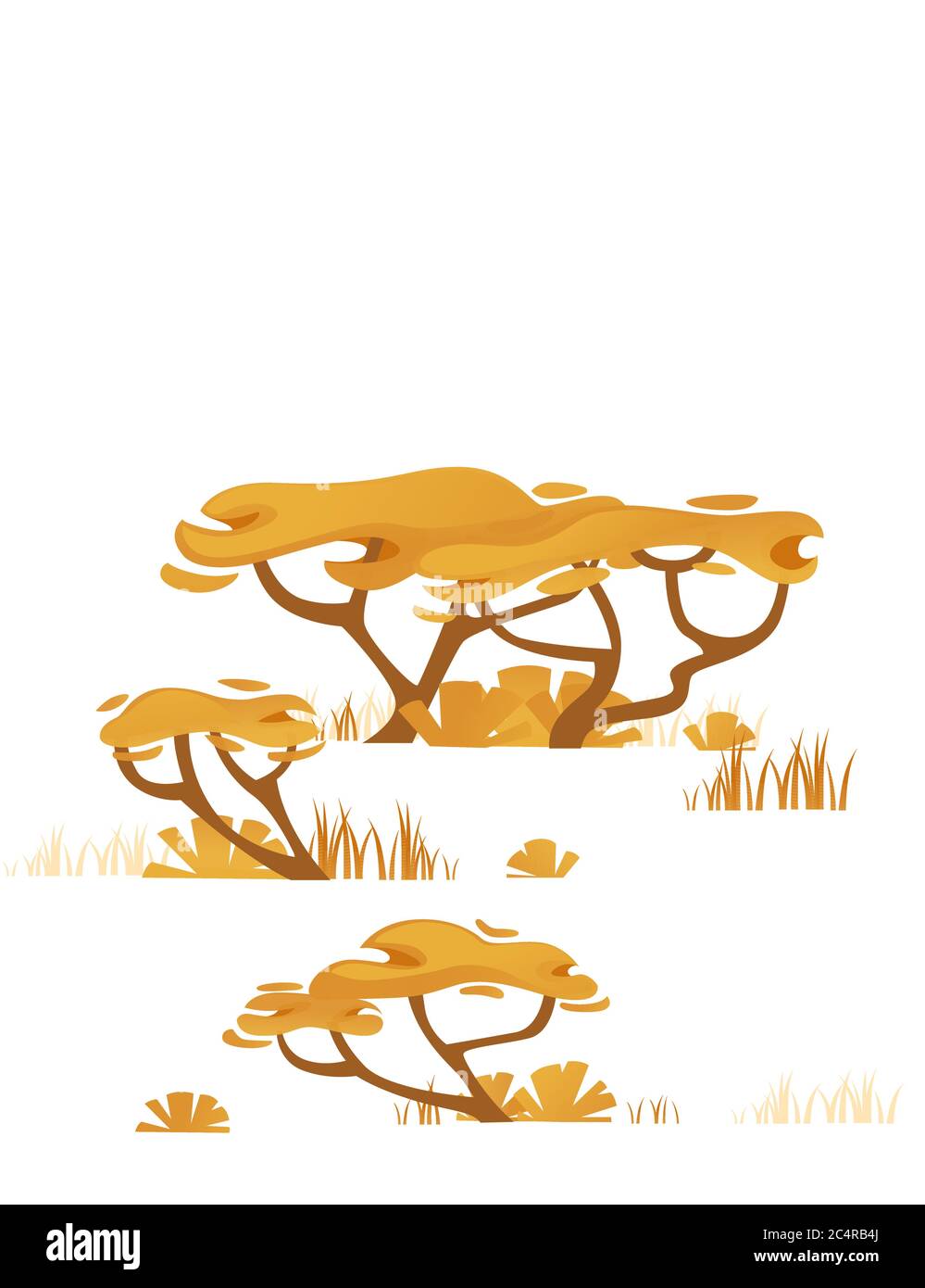 Set of yellow savanna flora plants trees grass and bushes flat vector ...