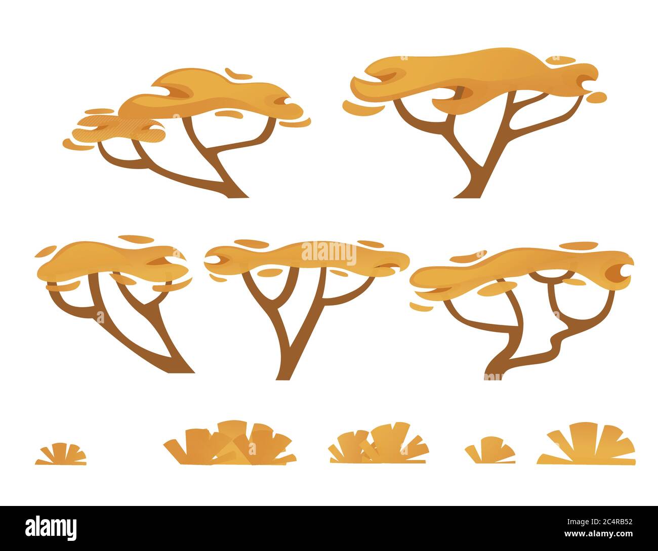 Set of yellow savanna flora plants trees grass and bushes flat vector ...
