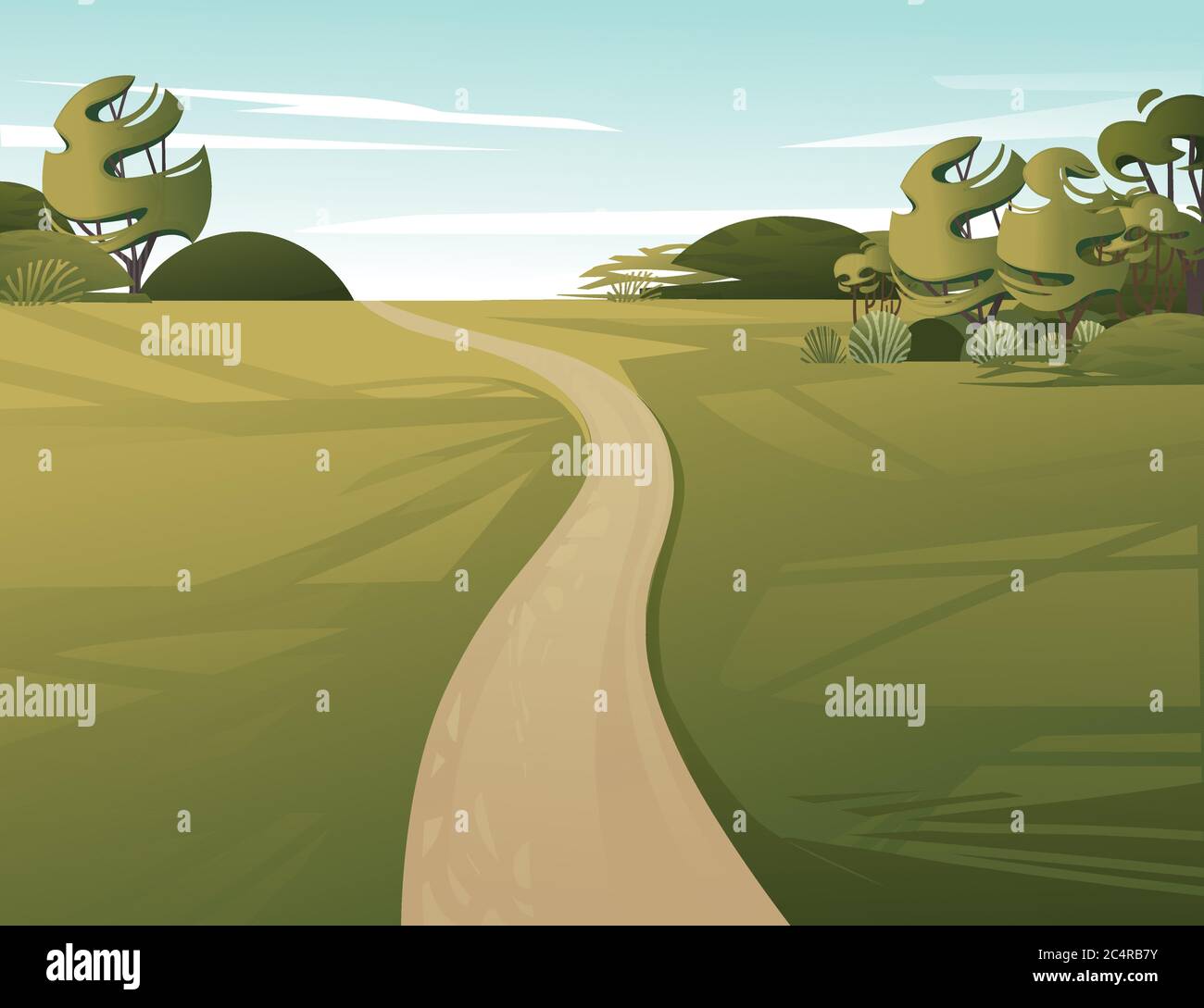 Landscape of countryside with dirt road green grass and trees cartoon ...