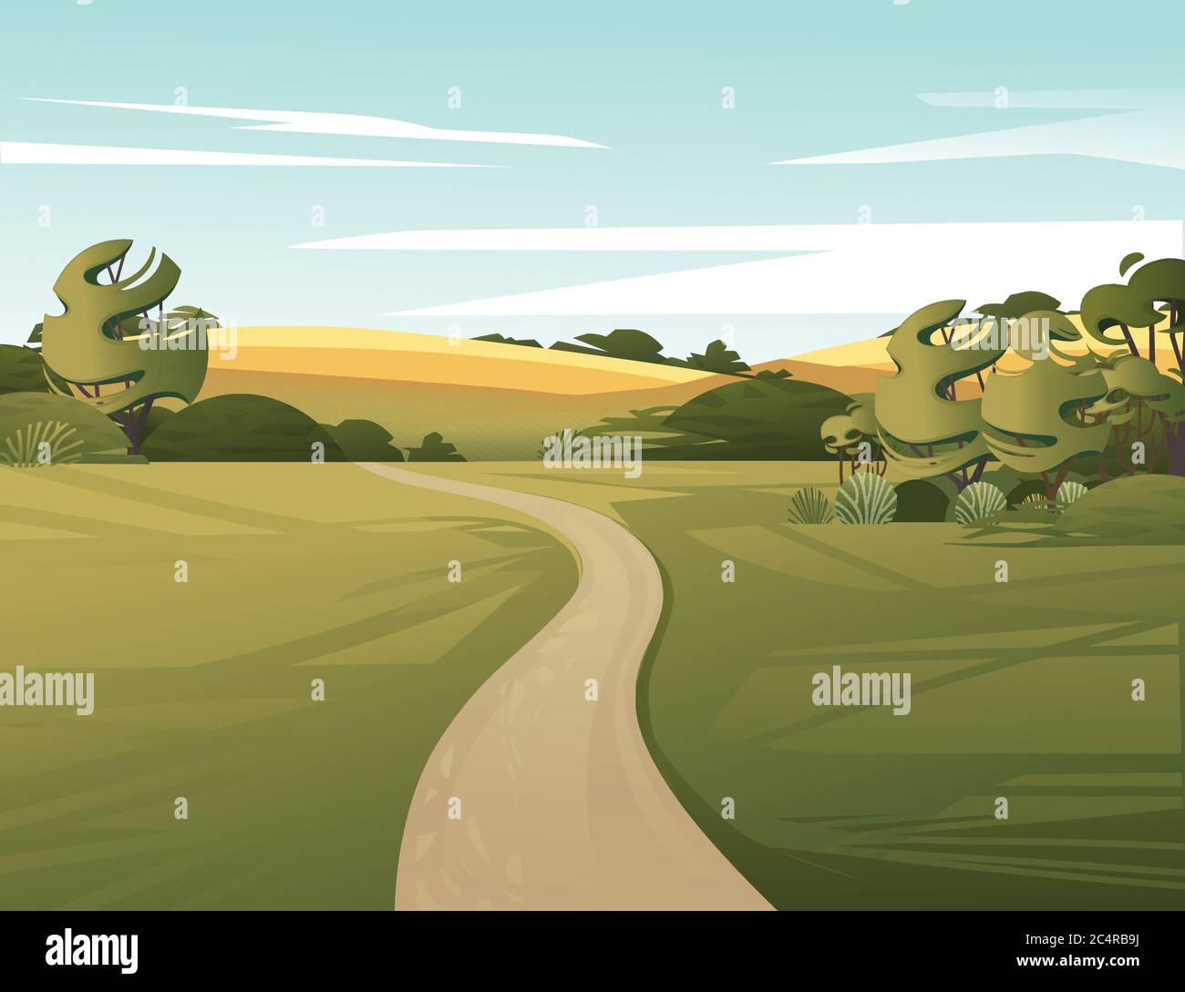 Landscape of countryside with dirt road green grass and trees cartoon ...
