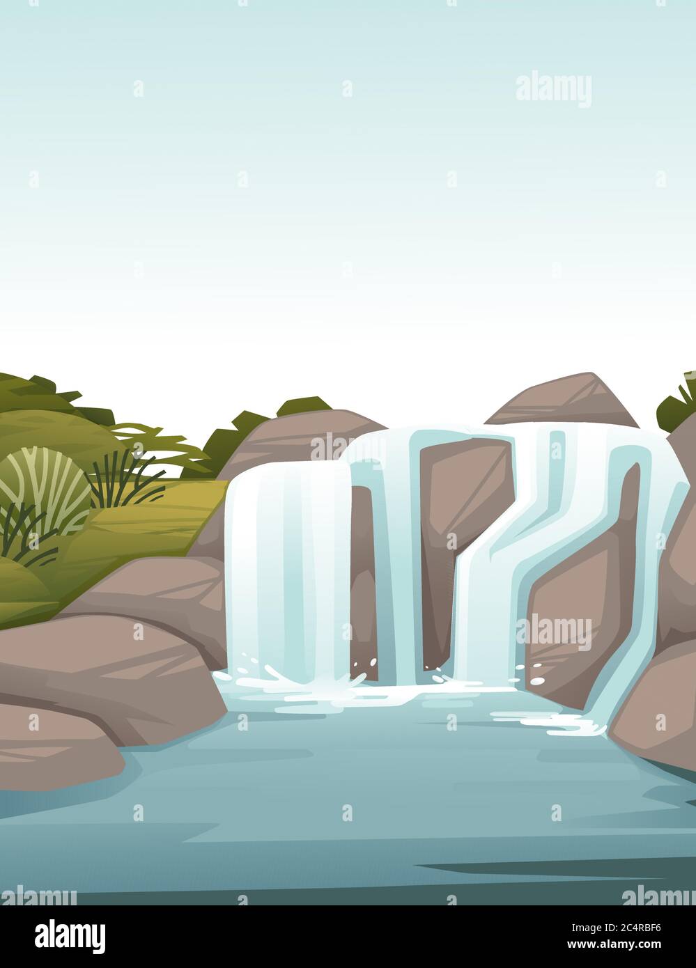 Landscape of countryside waterfall on rocks cartoon design flat vector ...