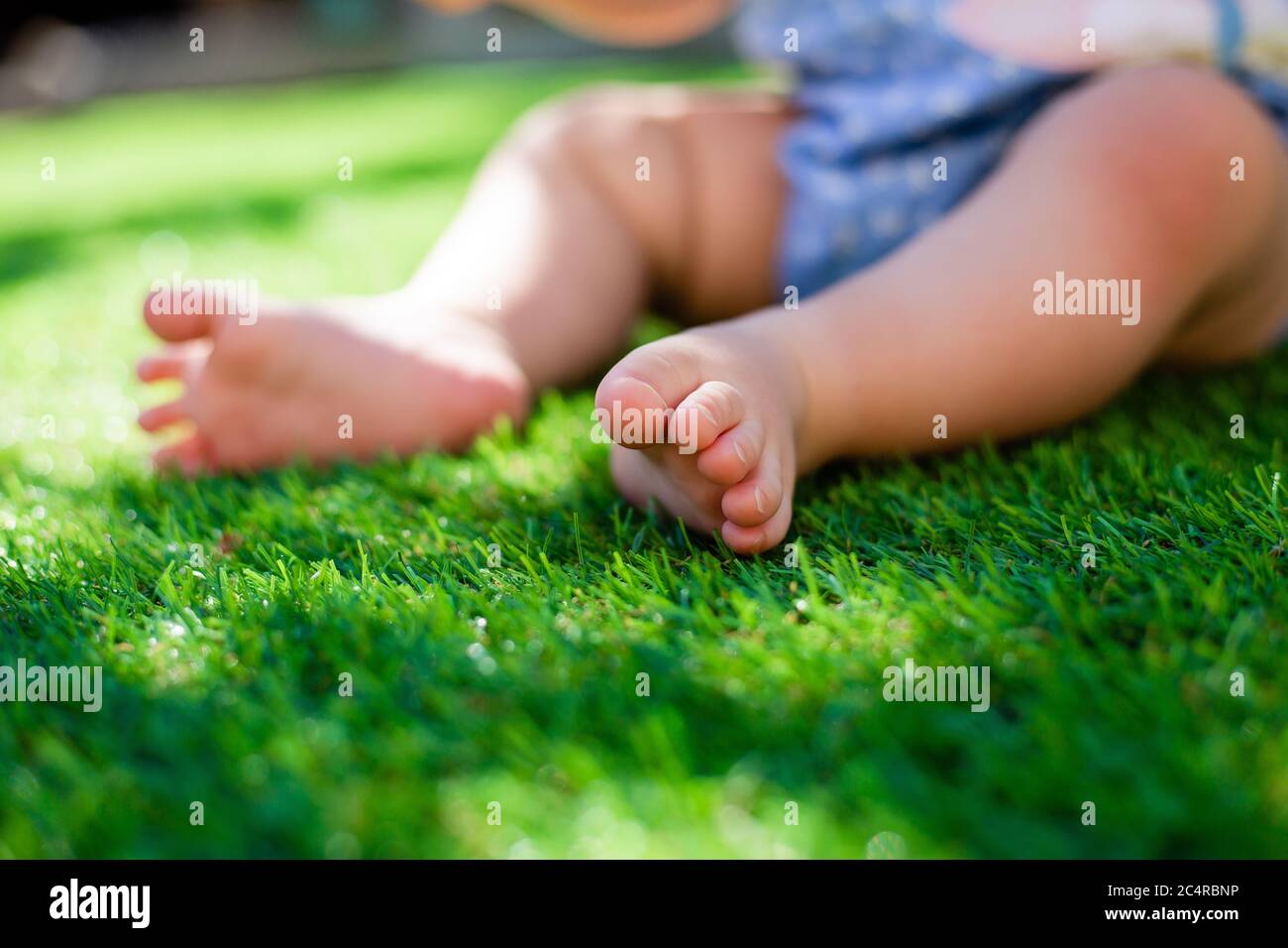 baby's feet in summer on the green lawn, close-up, space for text Stock ...