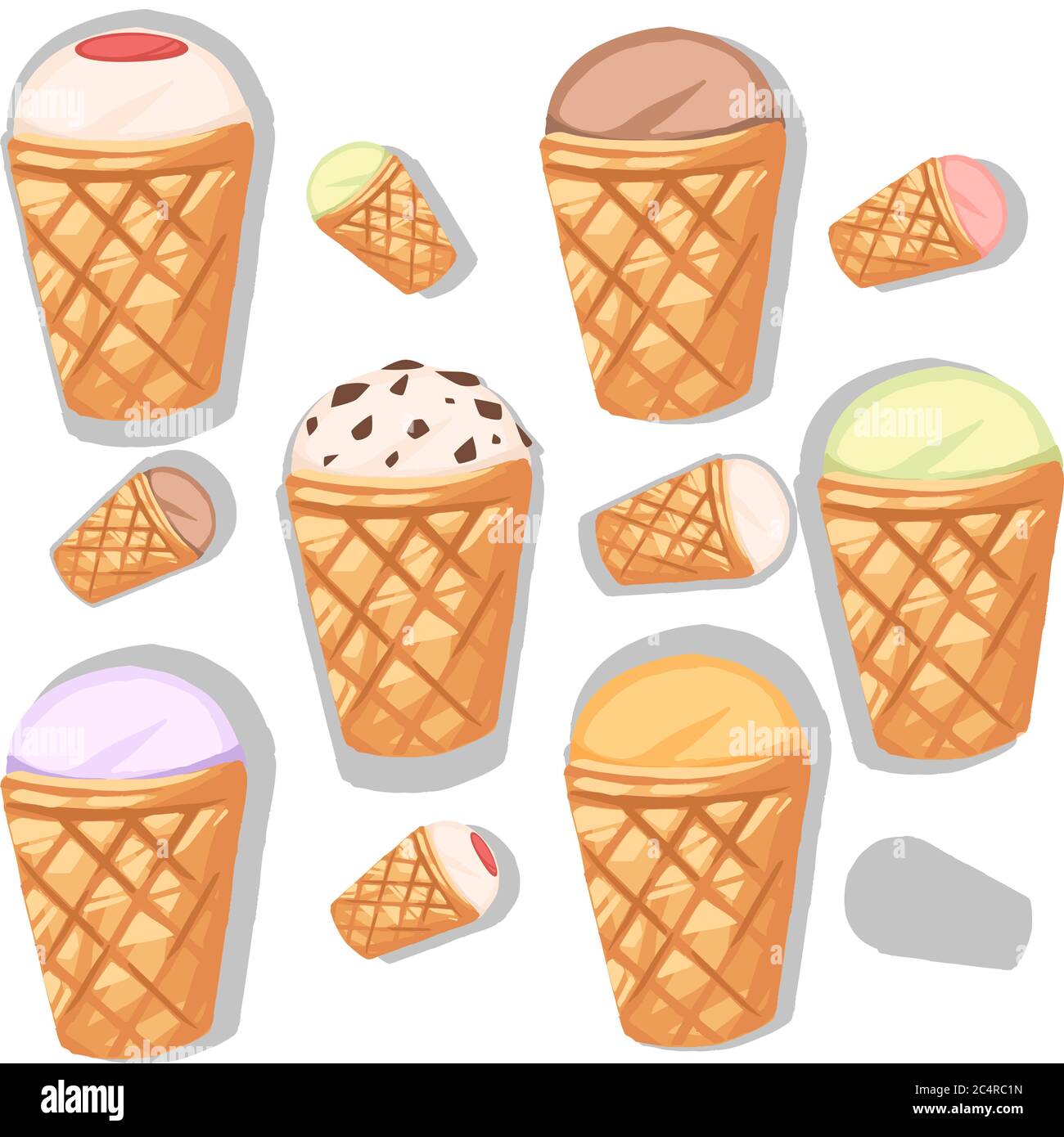 Seamless pattern of ice cream flavors in waffle cones with different ...