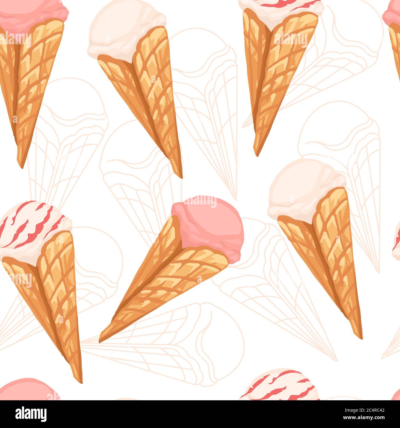Seamless pattern of ice cream flavors in waffle cones with different ...