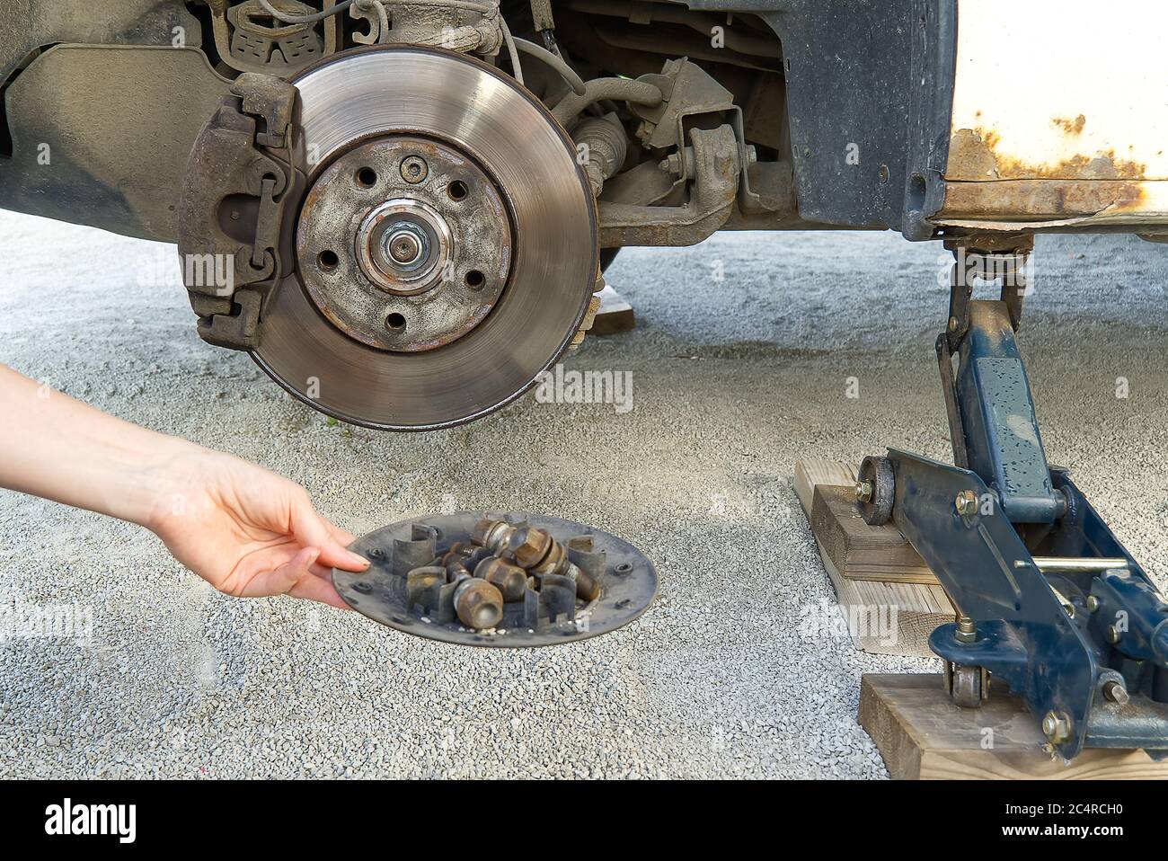 Old and dirty rear dump break of the vehicle for repair. Brakes on a ...
