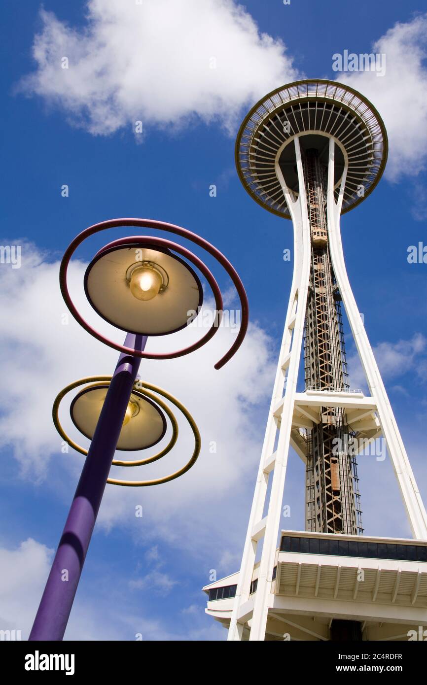 Space Needle & light fixture at the Seattle Center, Seattle, Washington ...