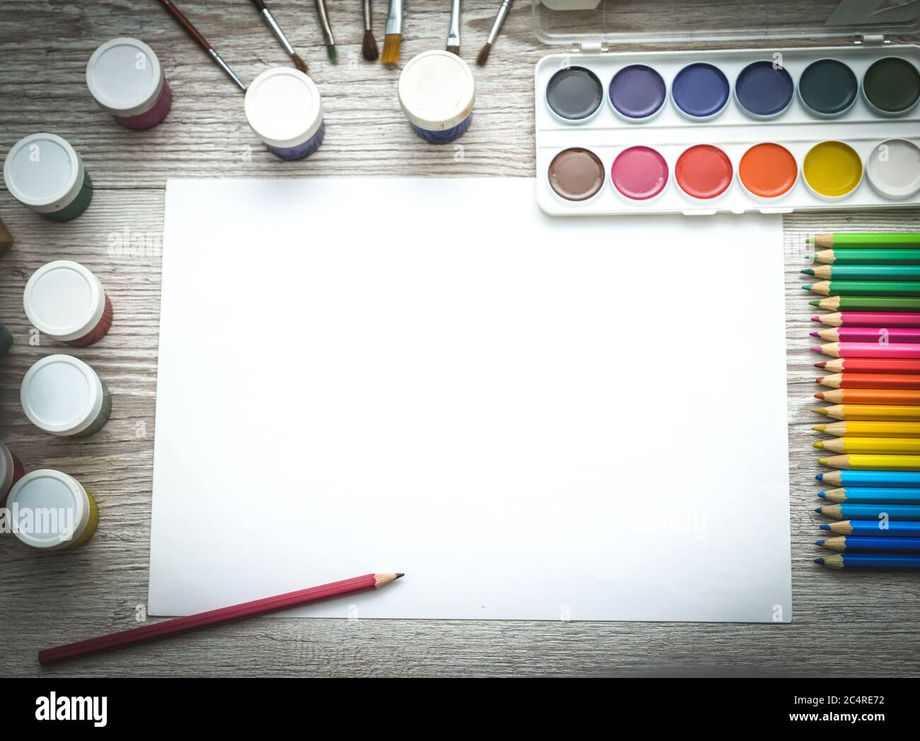 Tools for drawing, stationery, artist's workplace. Paint and pencils ...