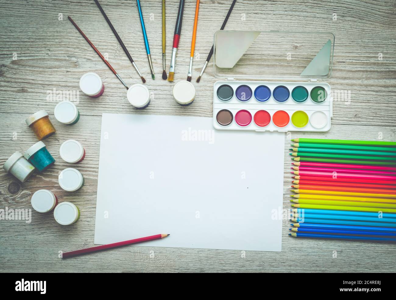 Tools for drawing, stationery, artist's workplace. Paint and pencils ...