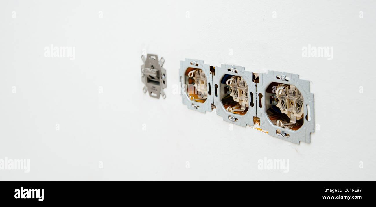 Paris, France - June 8, 2020: Row of multiple power sockets during ...