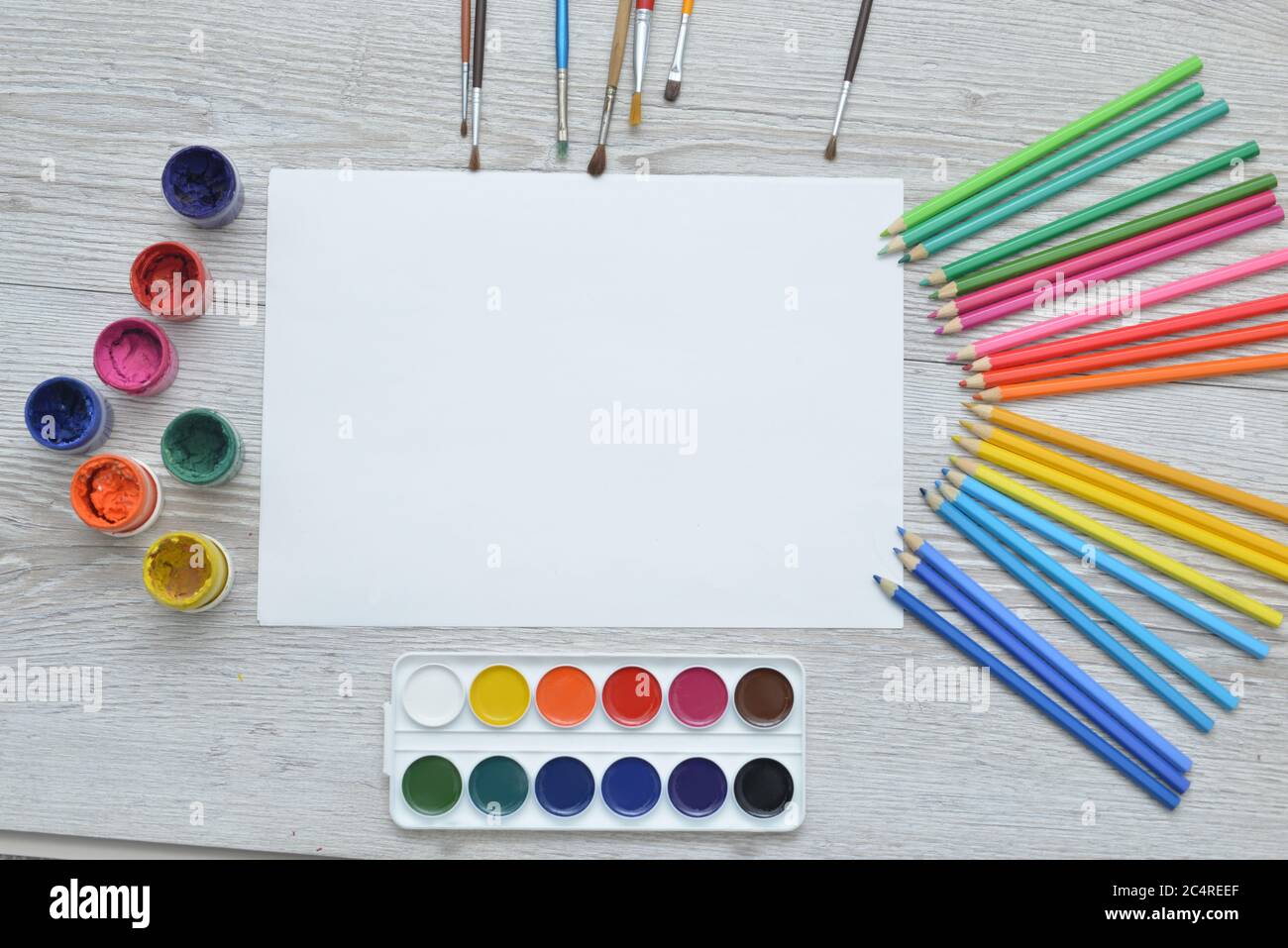 Tools for drawing, stationery, artist's workplace. Paint and pencils ...