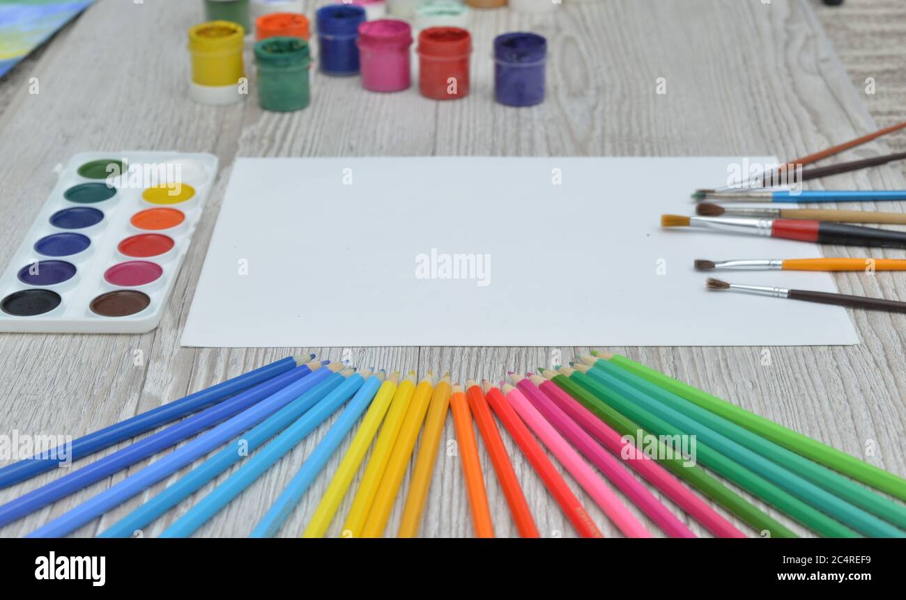 Tools for drawing, stationery, artist's workplace. Paint and pencils ...