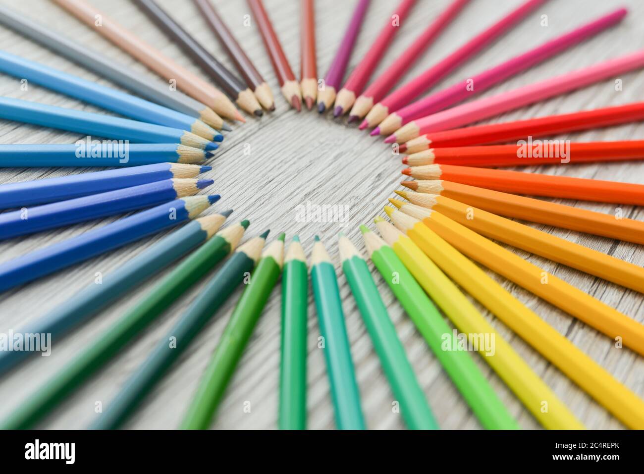 colored wooden pencils are arranged in a circle. A circular palette of ...
