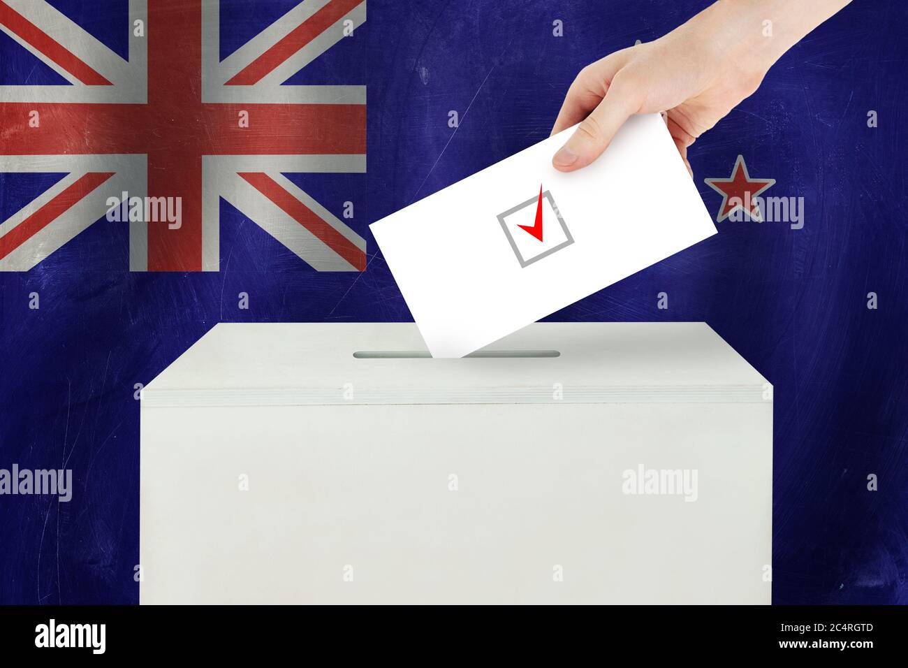 New Zealand Vote concept. Voter hand holding ballot paper for election ...