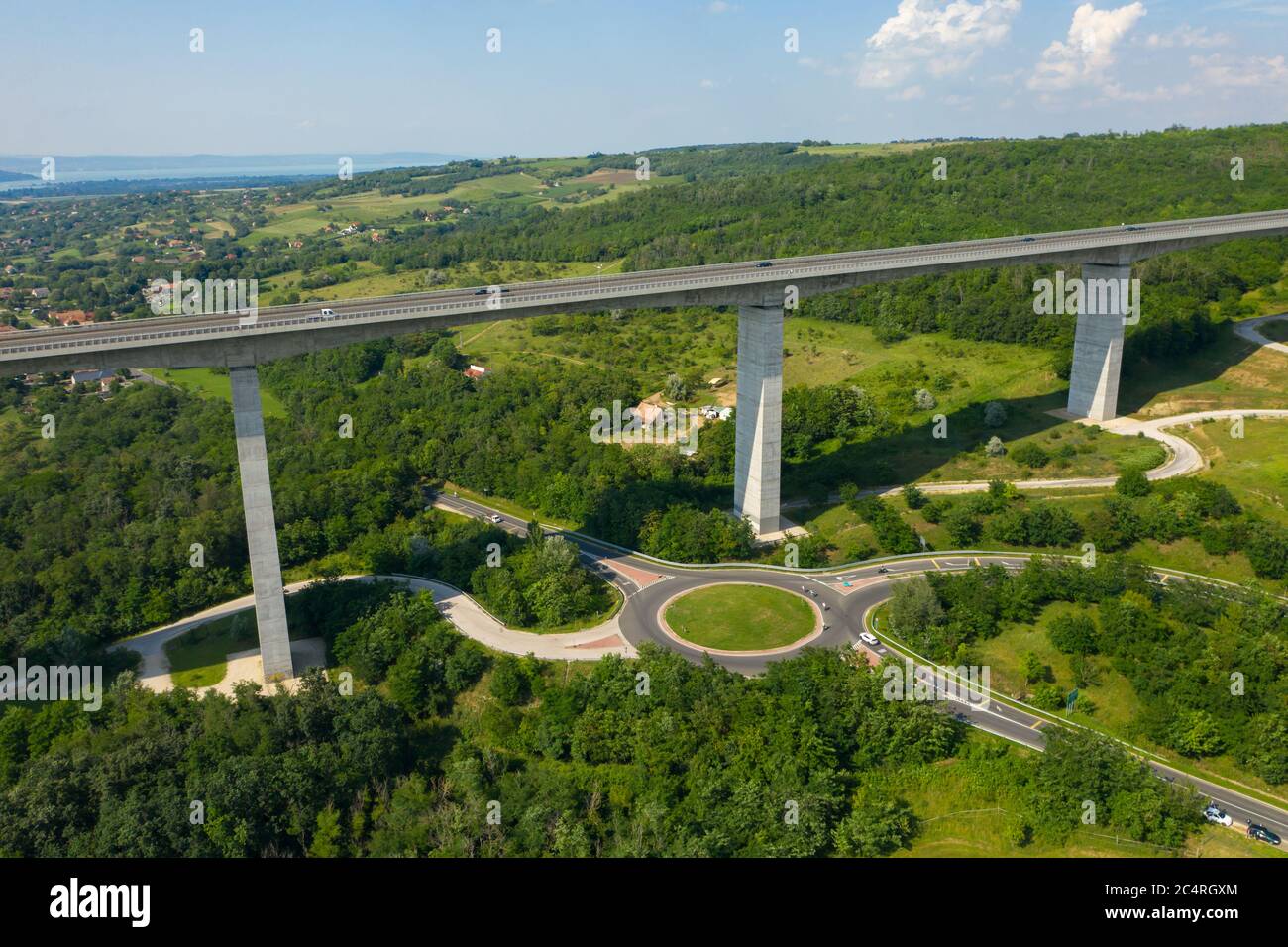 Aerial view of roundabout at Koroshegy Viaduct in Balaton, Hungary ...