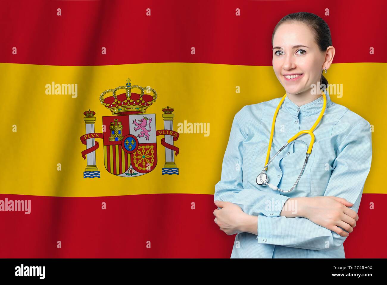 Kingdom of Spain healthcare concept with doctor on flag background ...
