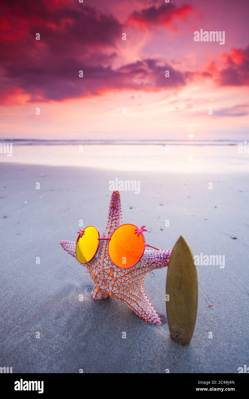 Starfish surfer in sunglasses on the beach and beautiful sunset on Bali ...