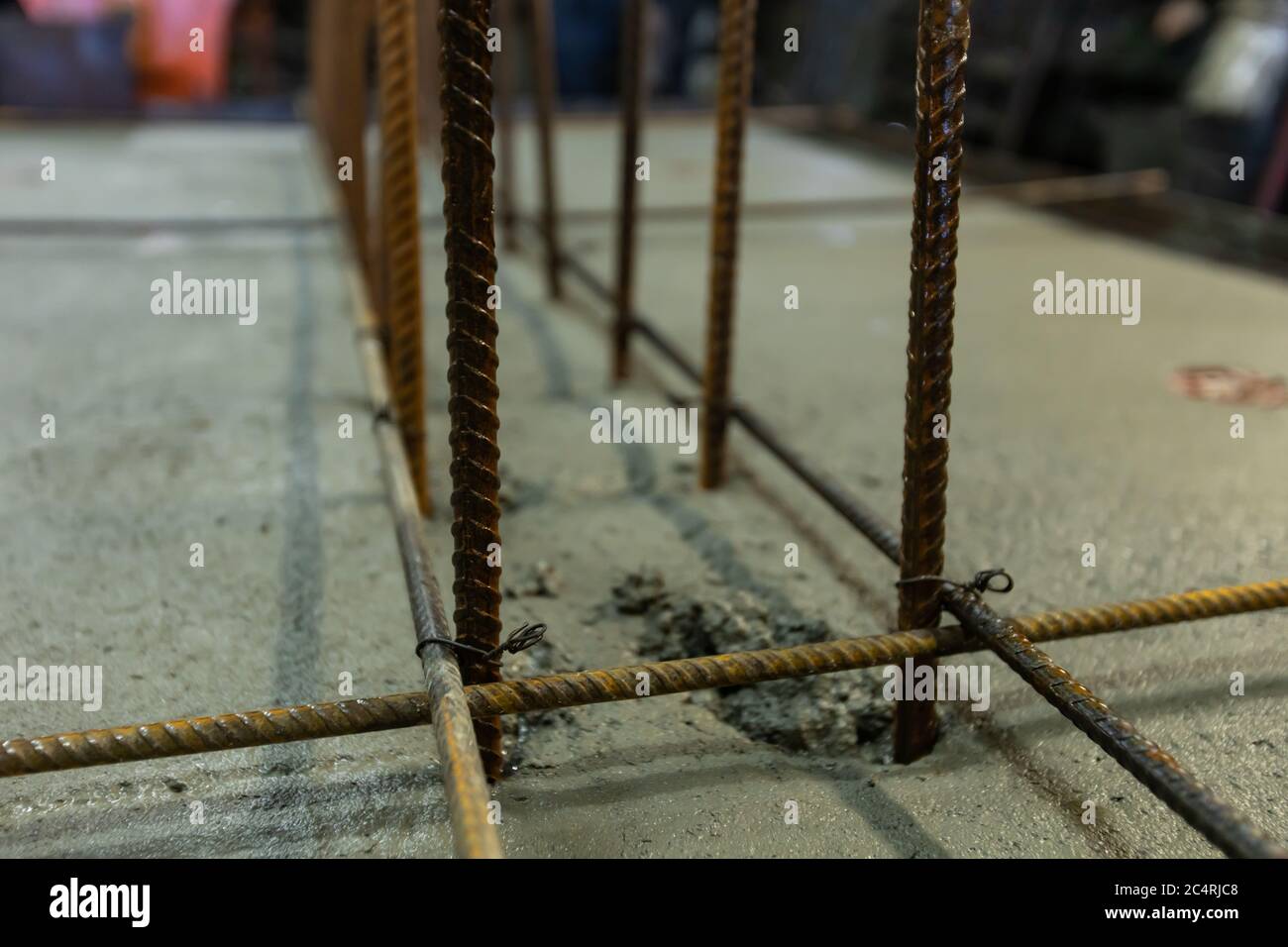 Close up and selective focus view of foundation reinforcement steel ...