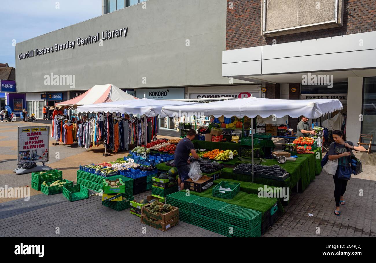 Bromley (London) in Kent, UK. Market stall selling fruit and vegetables ...