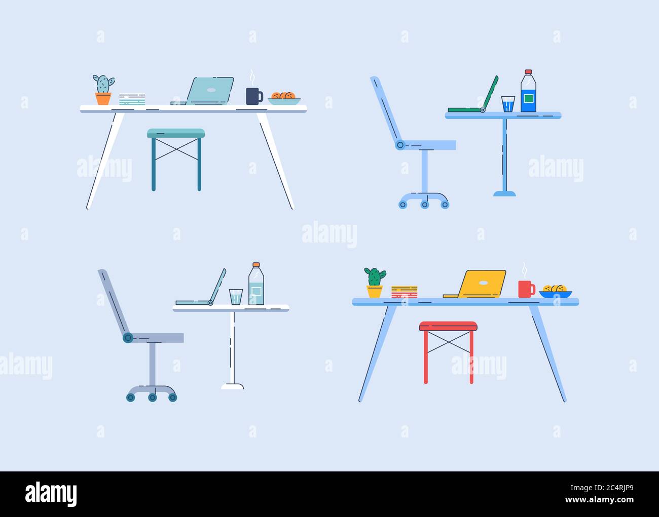 Working desktop semi flat RGB color vector illustrations set Stock ...