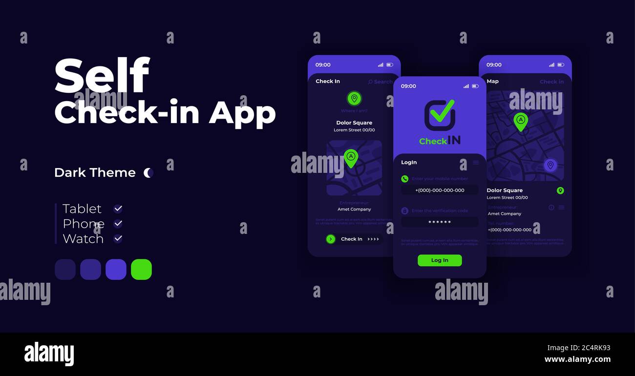 Social check in app cartoon smartphone interface vector templates set ...