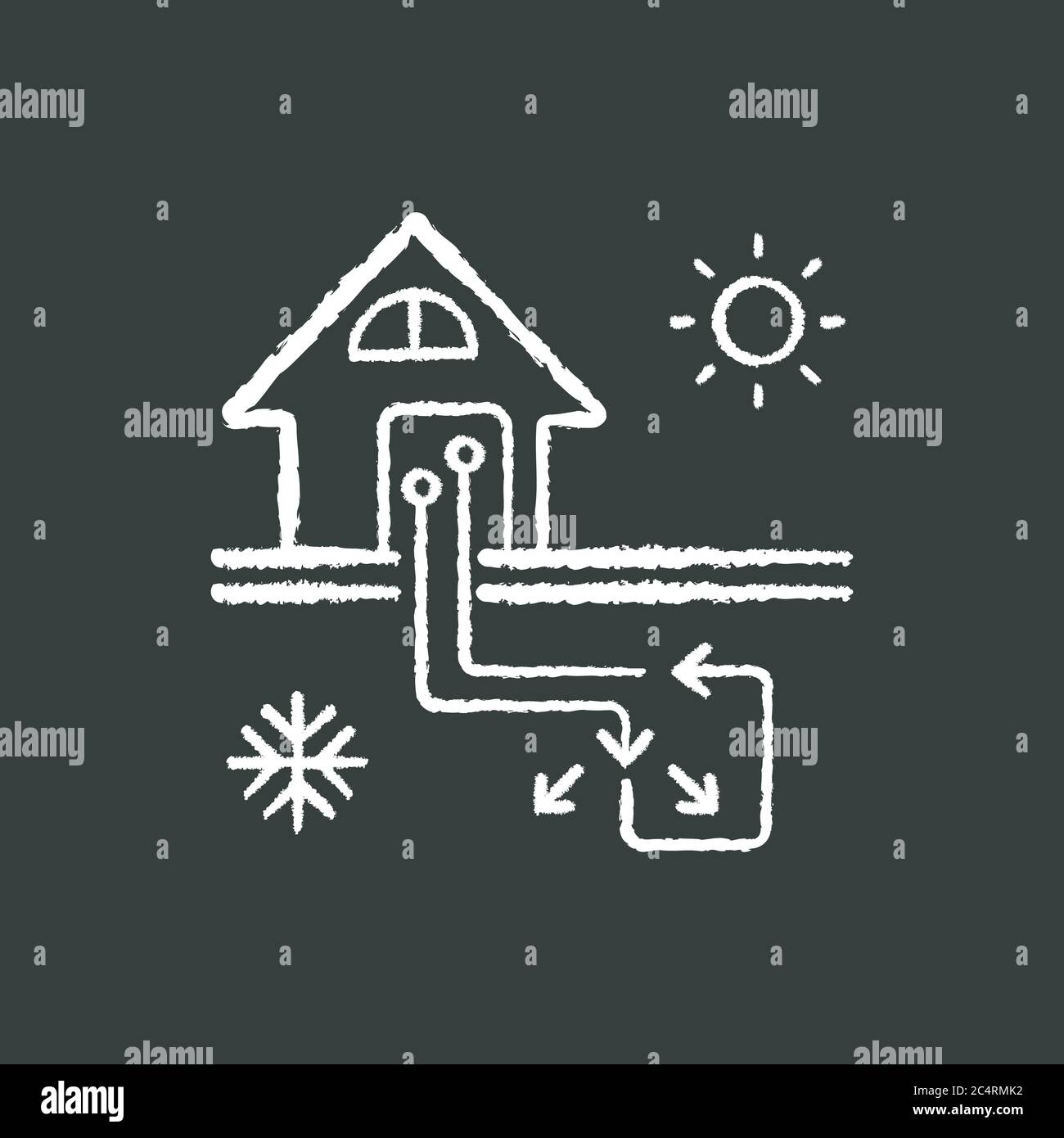 Geothermal heating and cooling system chalk white icon on black ...