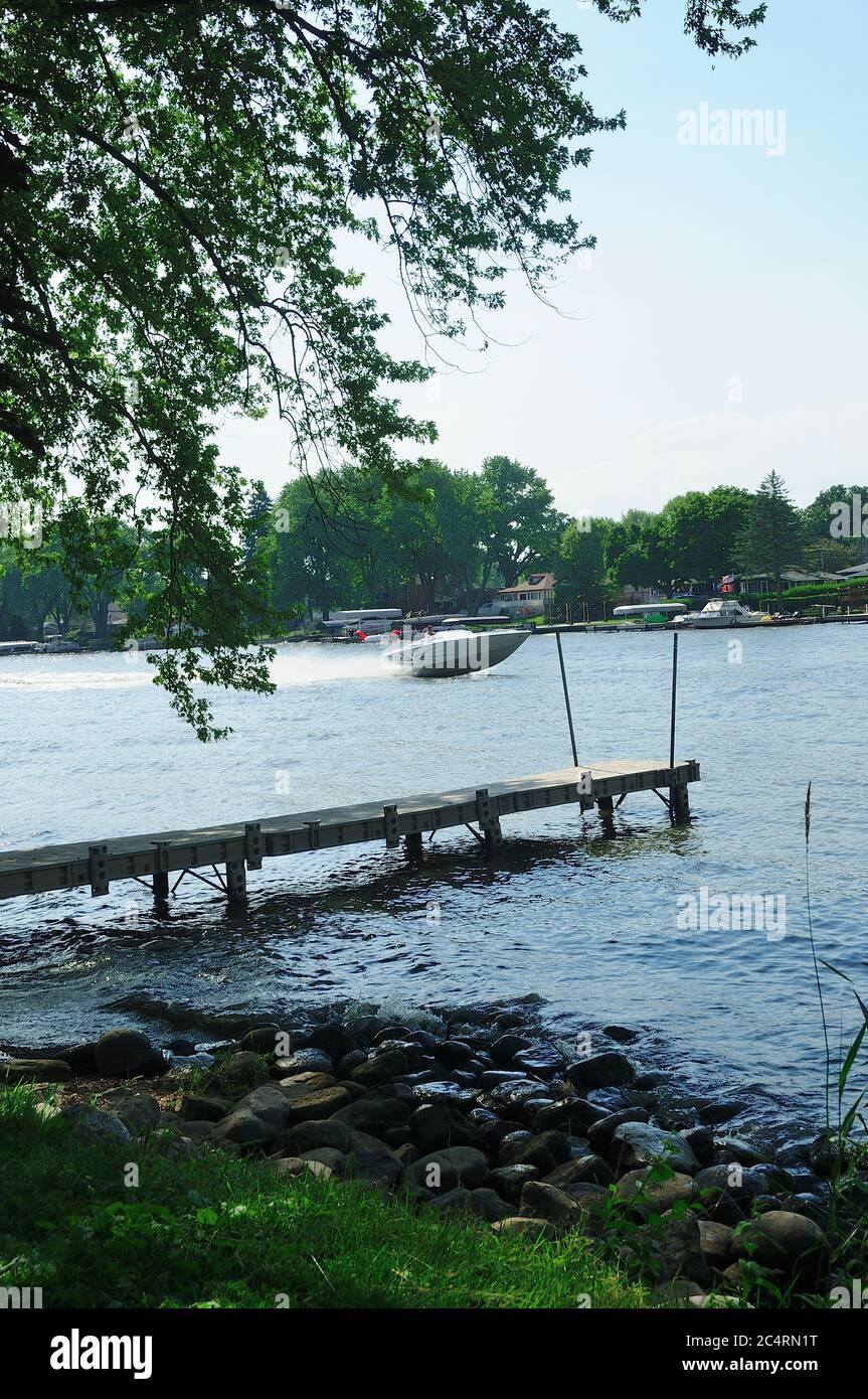 A dock jutting out into the Fox River in Northern Illinois, USA Stock ...