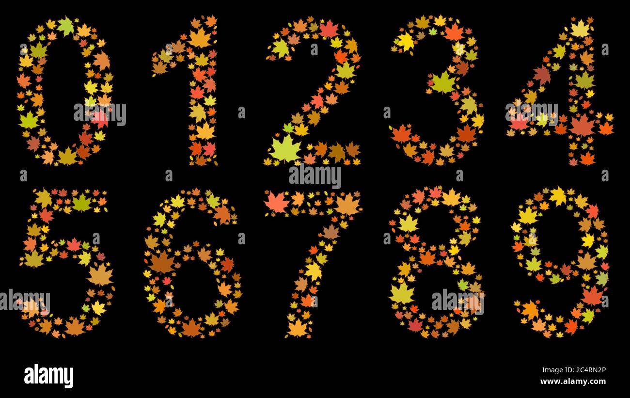Set of digits from 0 to 9, consisting of yellow autumn leaves on black ...