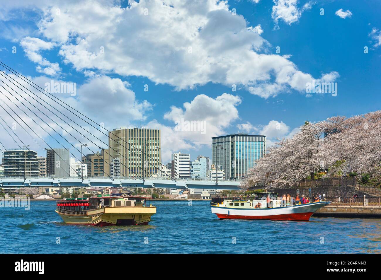 tokyo, japan - april 04 2020: Japanese fishing boat and Yakatabune boat ...