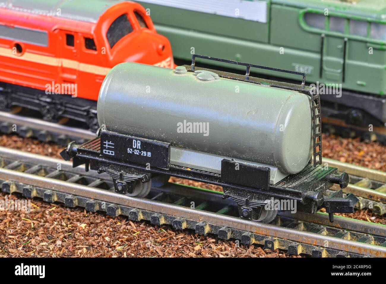 Railway tanker truck. Train hobby model on the model railway. Railroad ...