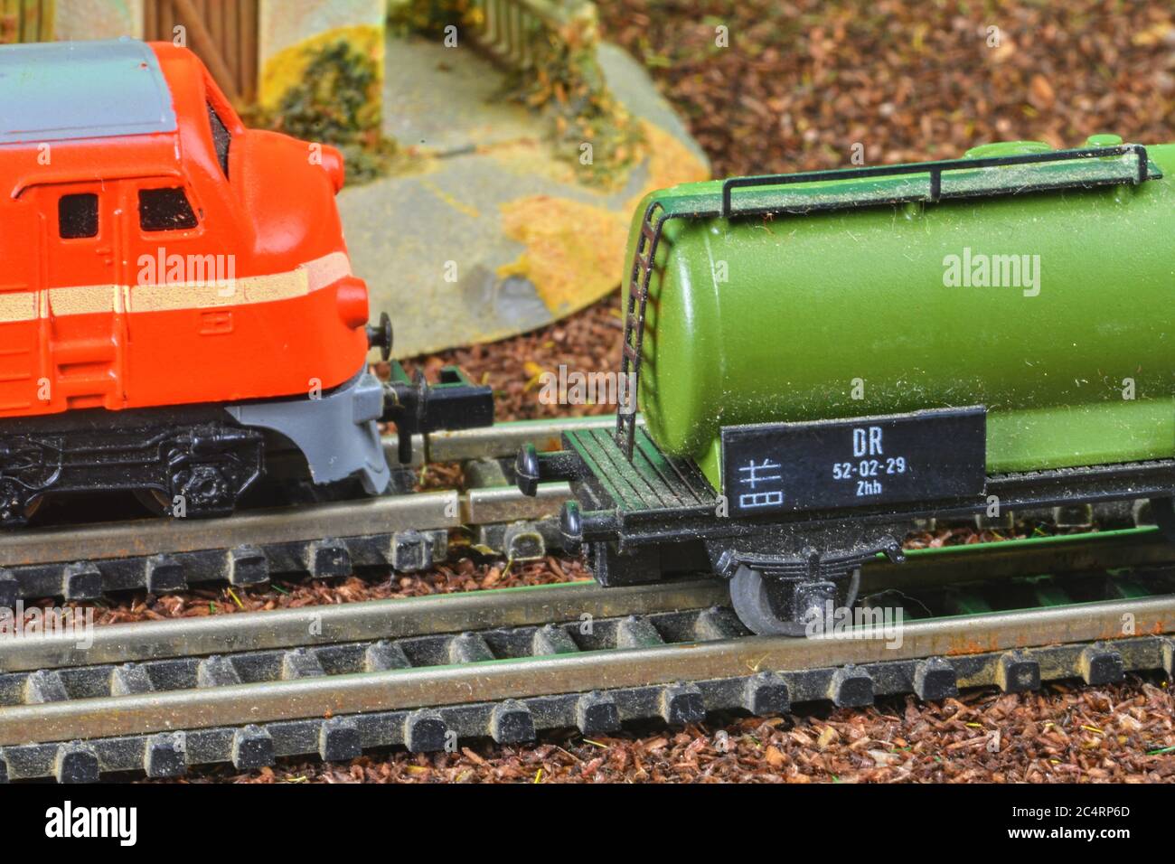 Railway tanker truck. Train hobby model on the model railway. Railroad ...