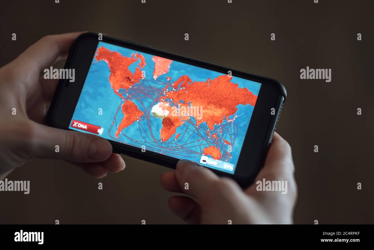 mobile game, simulator of the coronovirus pandemic on a world map Stock ...