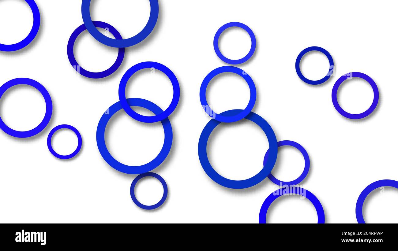 Abstract illustration of randomly arranged blue rings with soft shadows ...