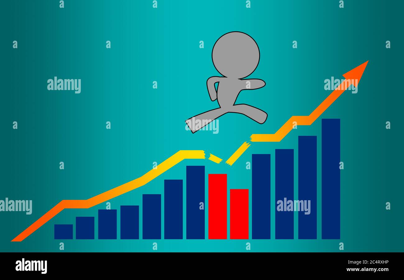Human figure jump over the broken graph, 3D rendering Stock Photo - Alamy