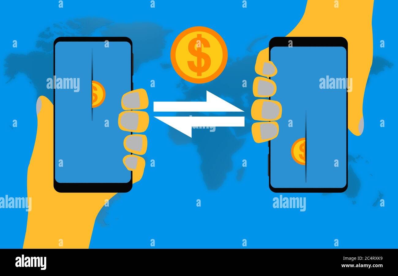 Money transfer using mobile device, 3D rendering Stock Photo - Alamy