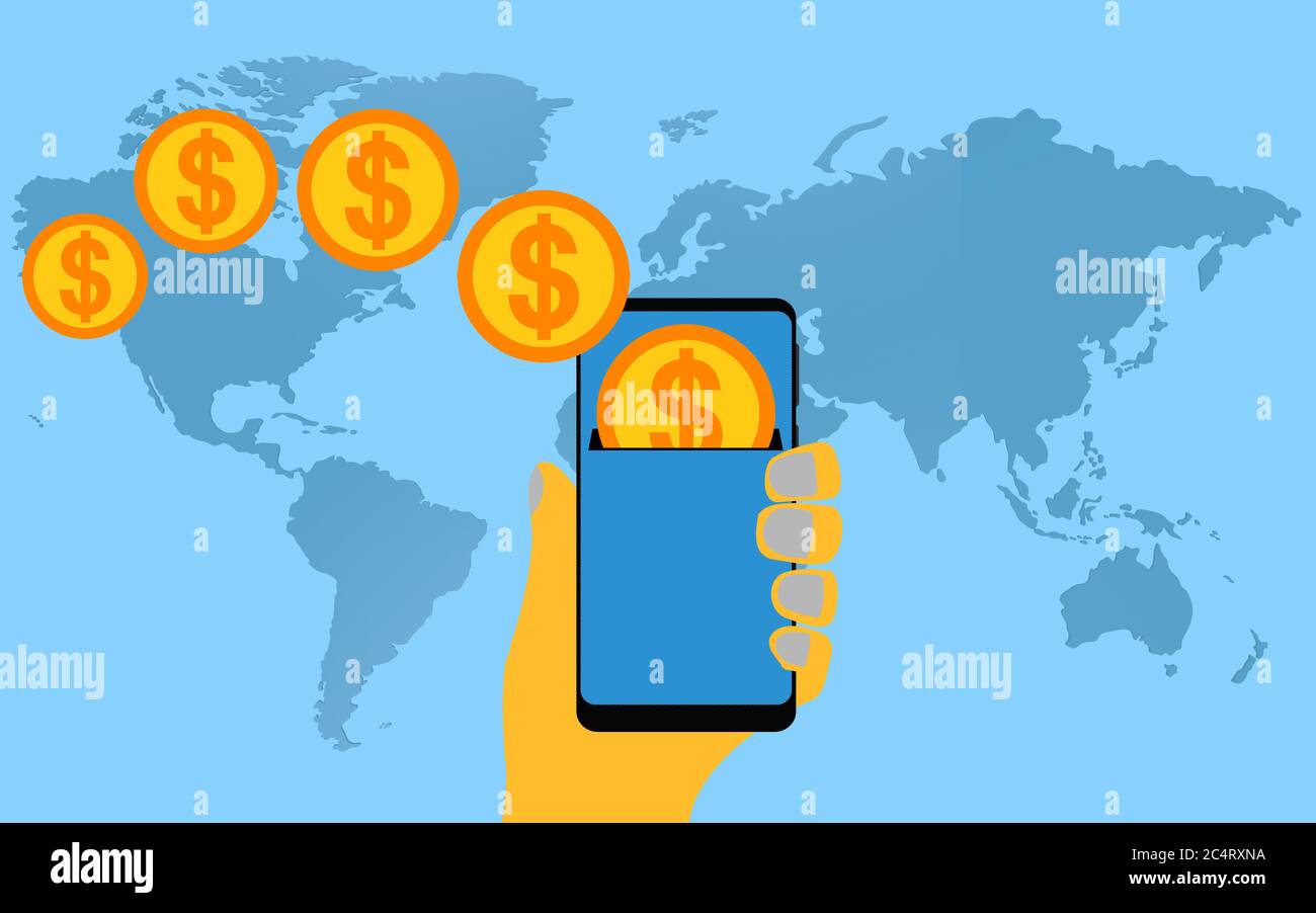 Hand holding mobile with money on screen, 3D rendering Stock Photo - Alamy