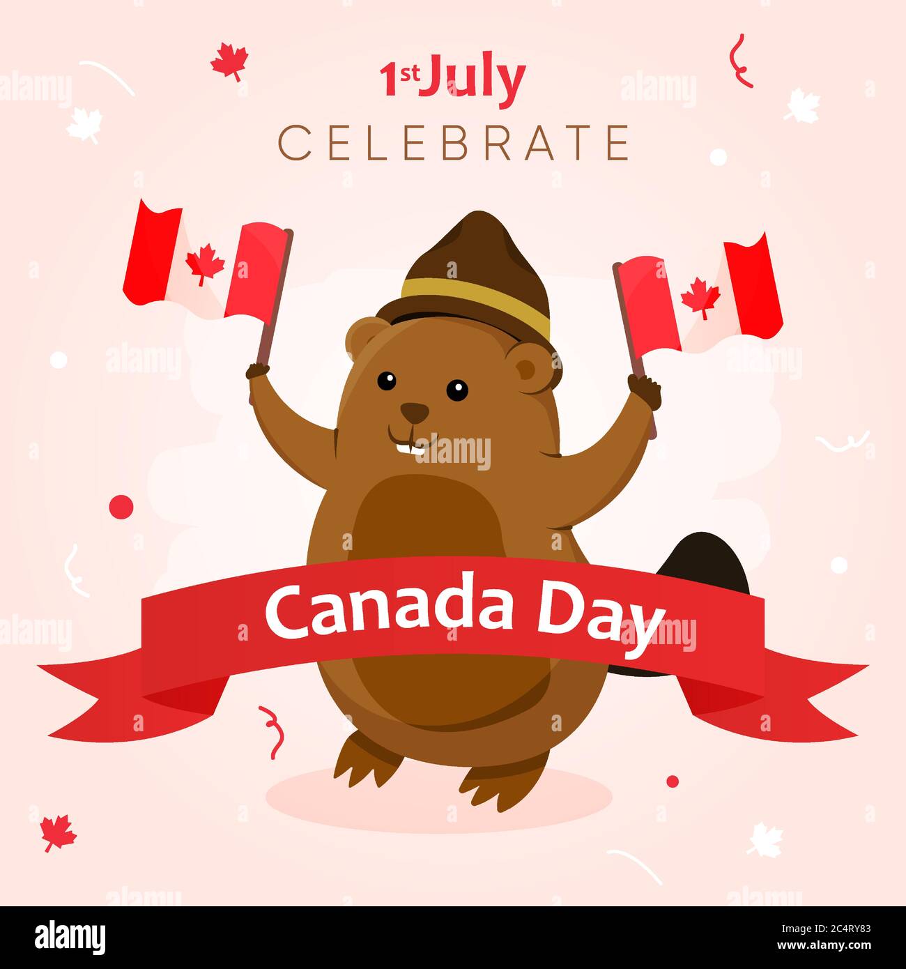 banner greeting canada day with beaver holding canada's flag and ribbon ...