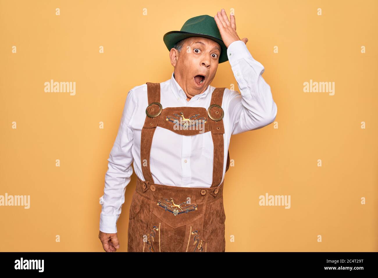 Senior grey-haired man wearing german traditional octoberfest suit over ...