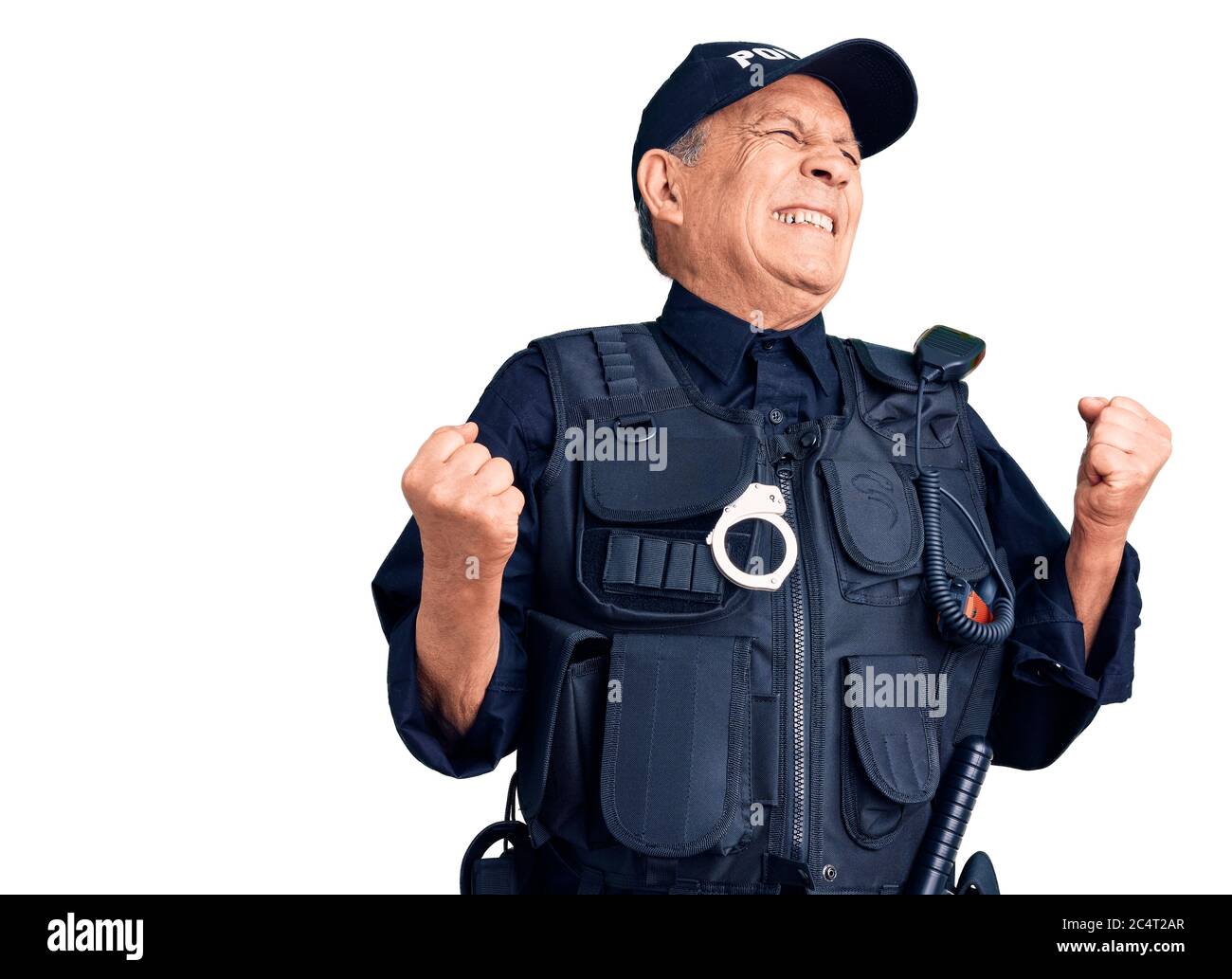Senior handsome man wearing police uniform very happy and excited doing ...