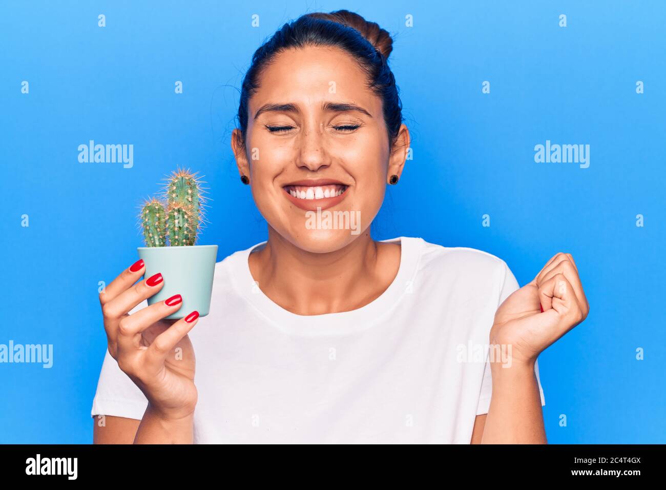 Young beautiful brunette woman holding small cactus pot screaming proud ...