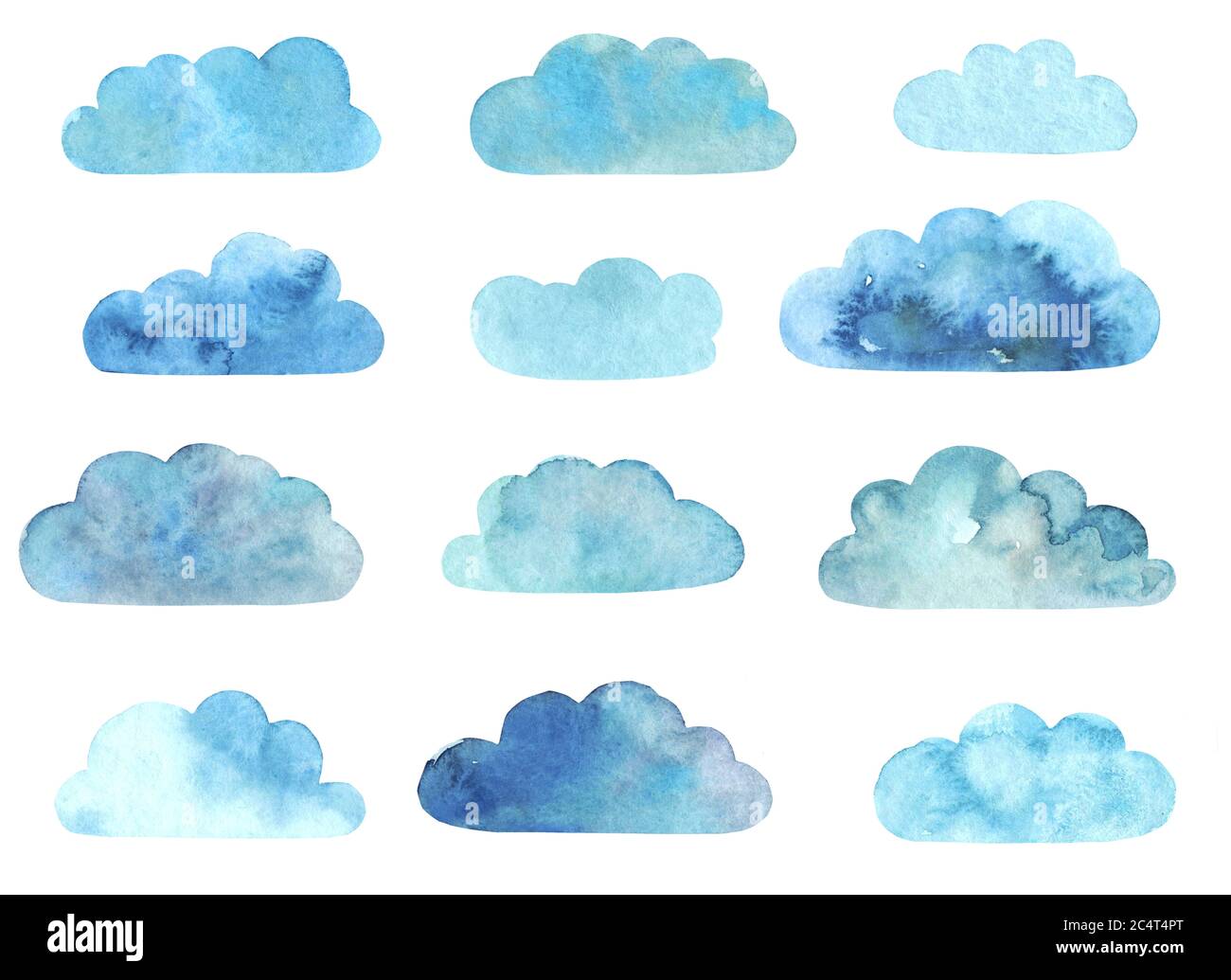 Set of watercolor painted blue cute original clouds isolated on white ...