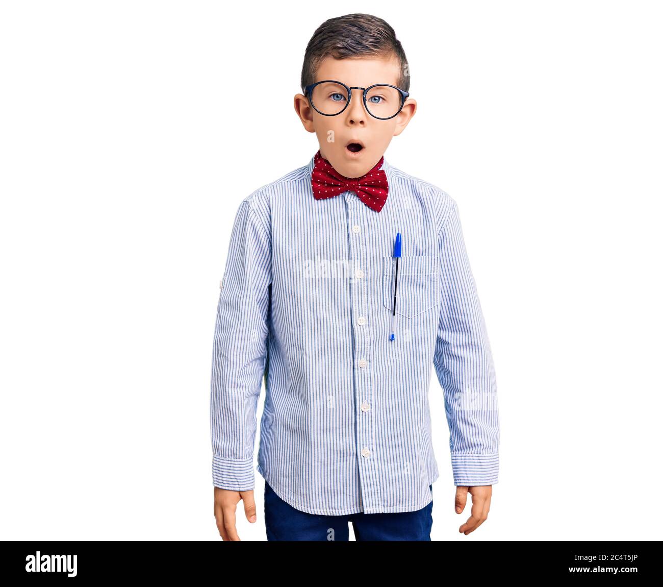 Cute blond kid wearing nerd bow tie and glasses scared and amazed with ...