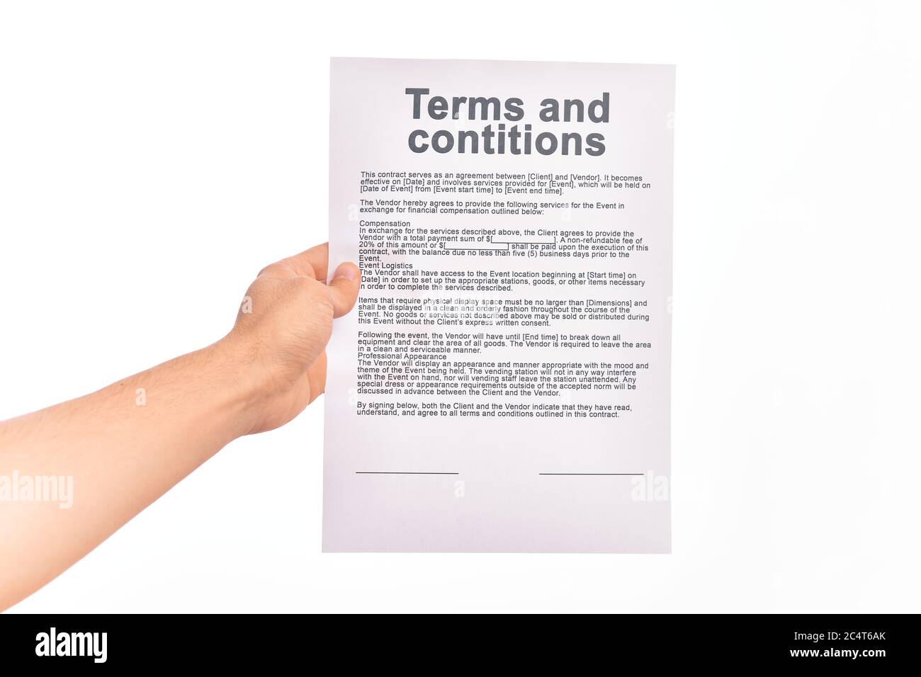 Holding Terms and Conditions business paper over isolated white ...